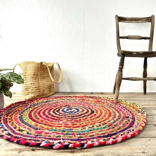 Round Multi-Coloured Cotton and Jute Braided Rag Rug Recycled Materials ...