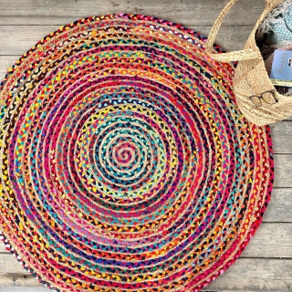 Round Multi-Coloured Cotton and Jute Braided Rag Rug Recycled Materials ...