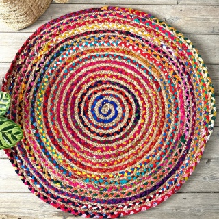 Round Multi-Coloured Cotton and Jute Braided Rag Rug Recycled Materials ...