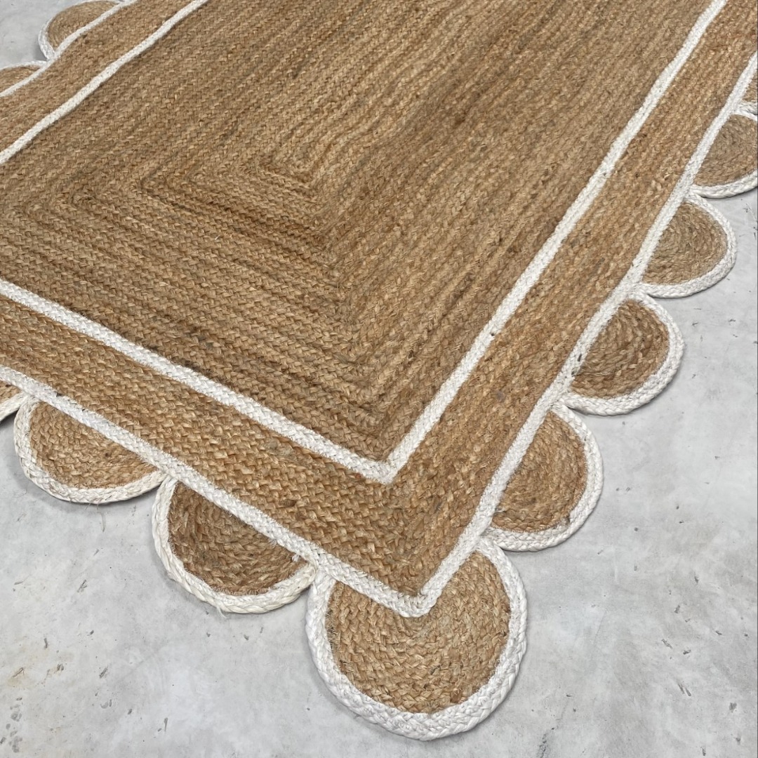 Rectangle Jute rugs with scallop edge and coloured frame 120cm x 180cm