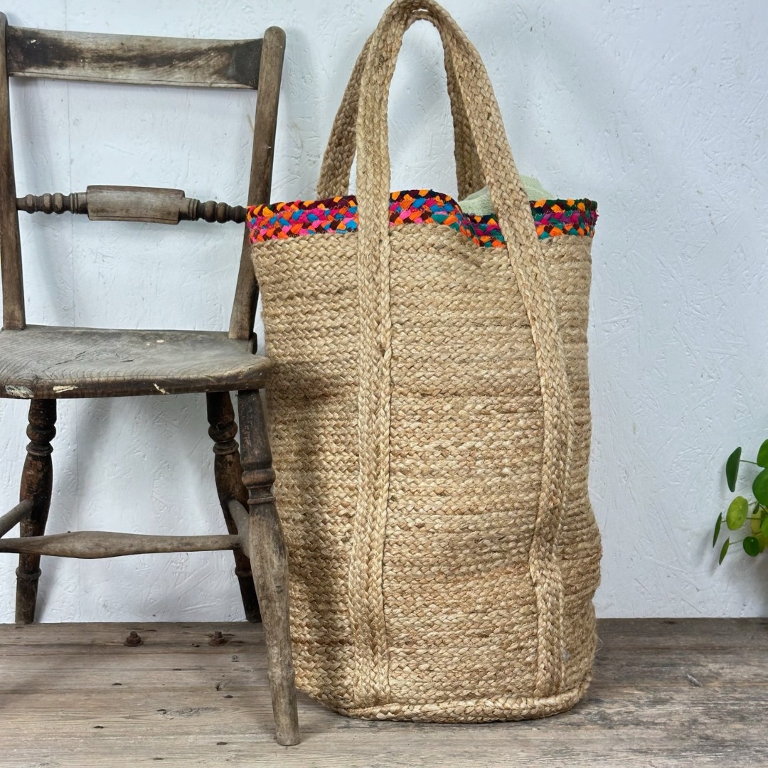 Large hemp storage basket with colourful chindi patterned border, with ...