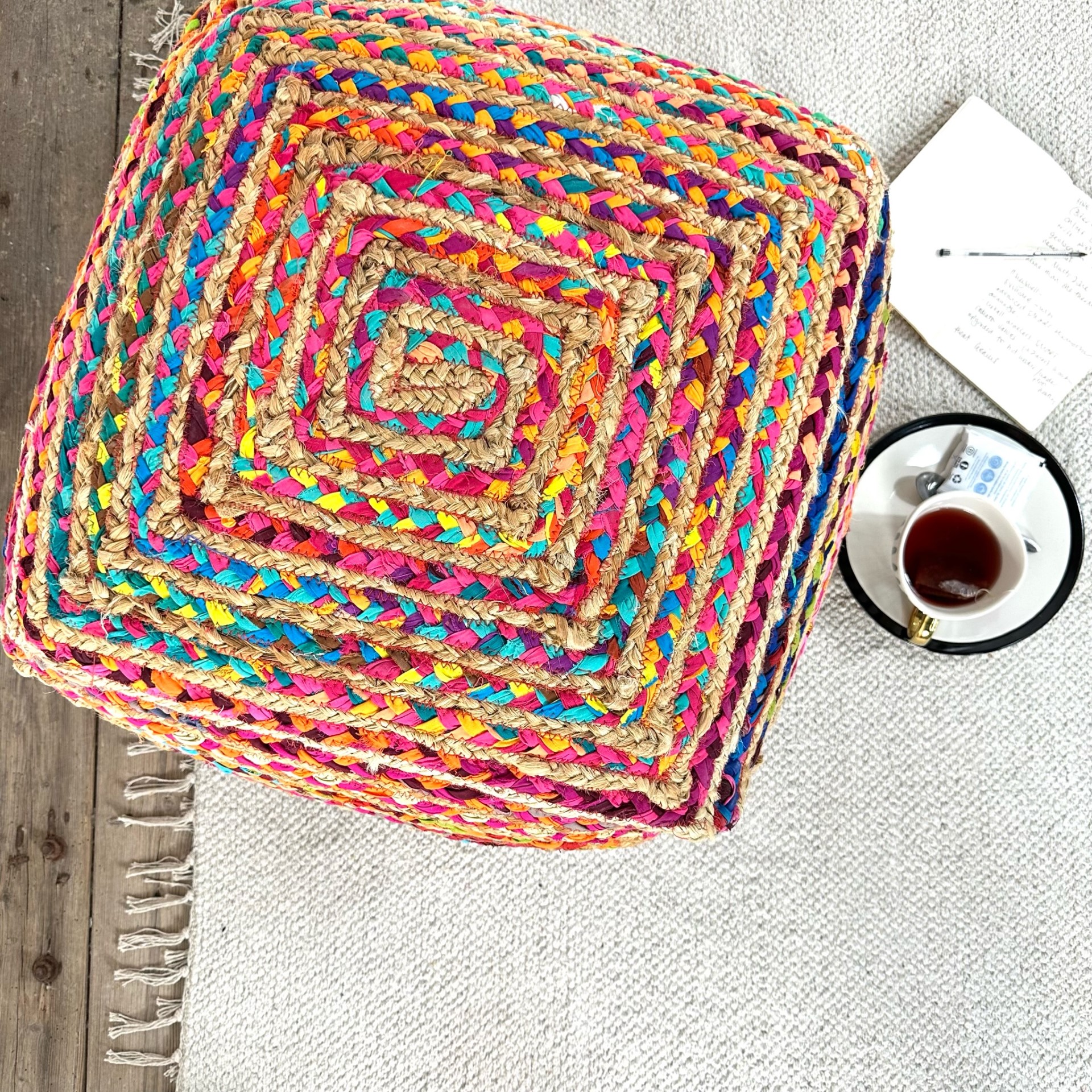 Large, colourful and hard wearing chindi cotton and braided jute square ...
